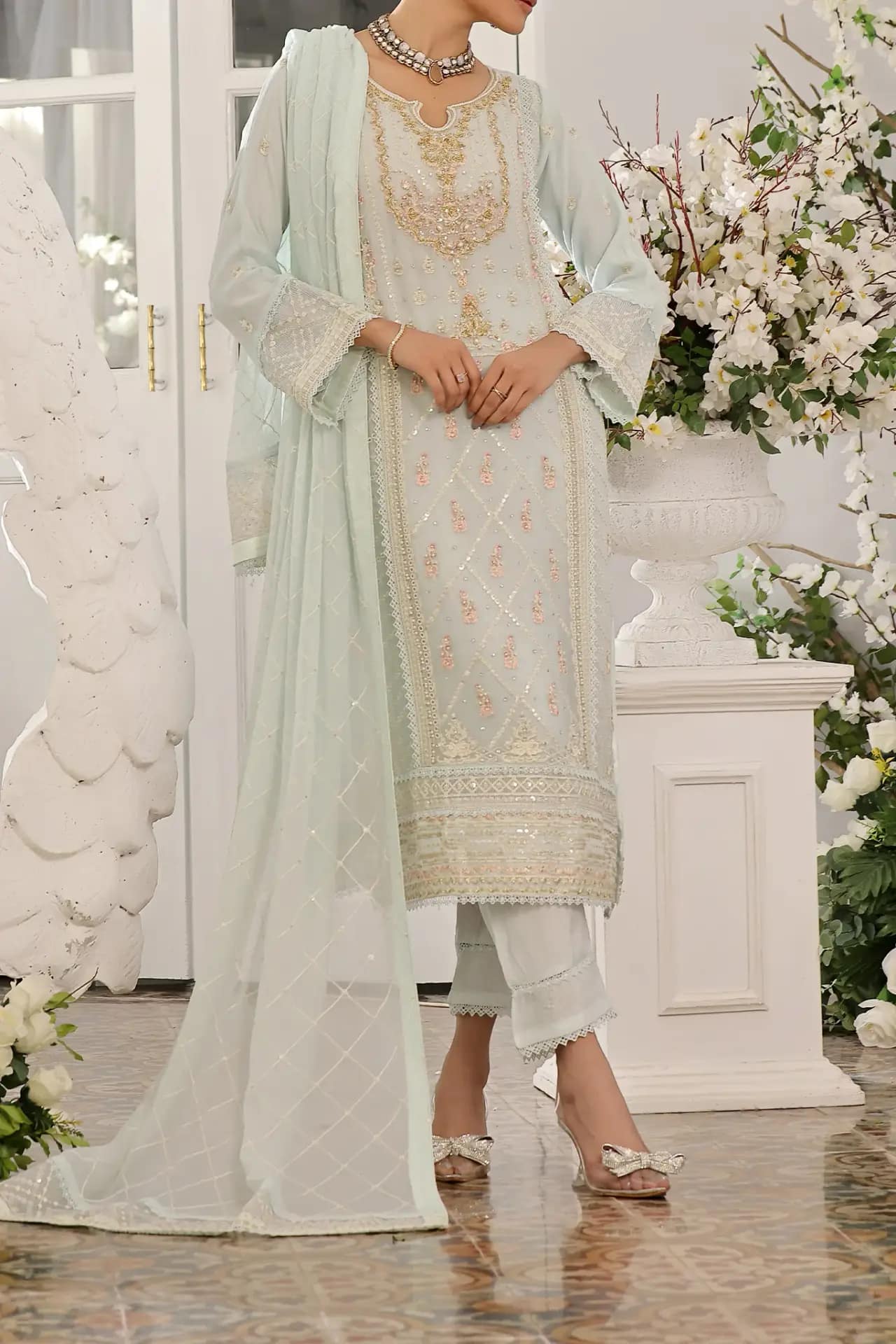 Guzel Jahan Ara 3 Piece Stitched Chiffon Suit - Powder Blue