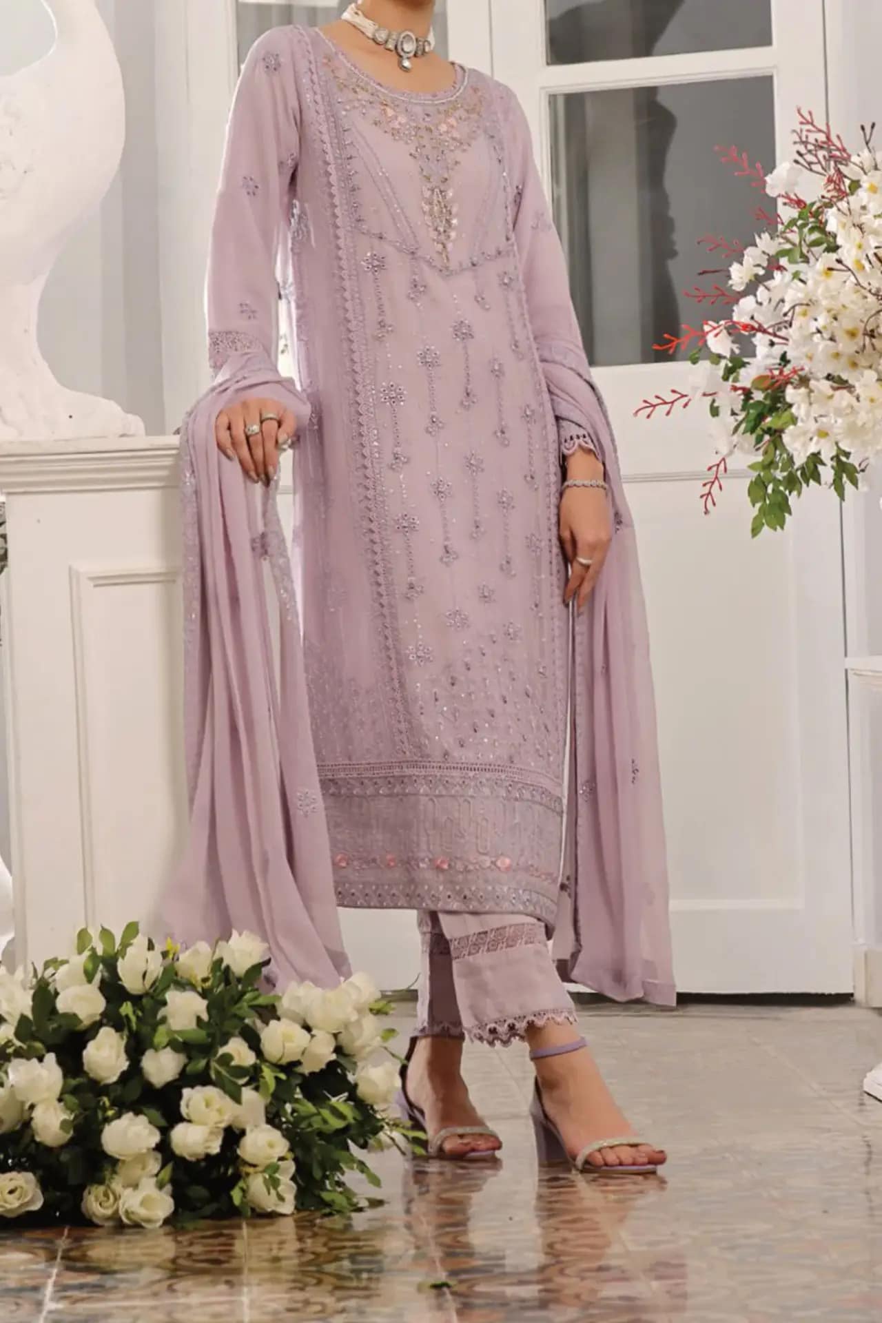 Guzel Jahan Ara 3 Piece Stitched Chiffon Suit - Lavendar - 2024